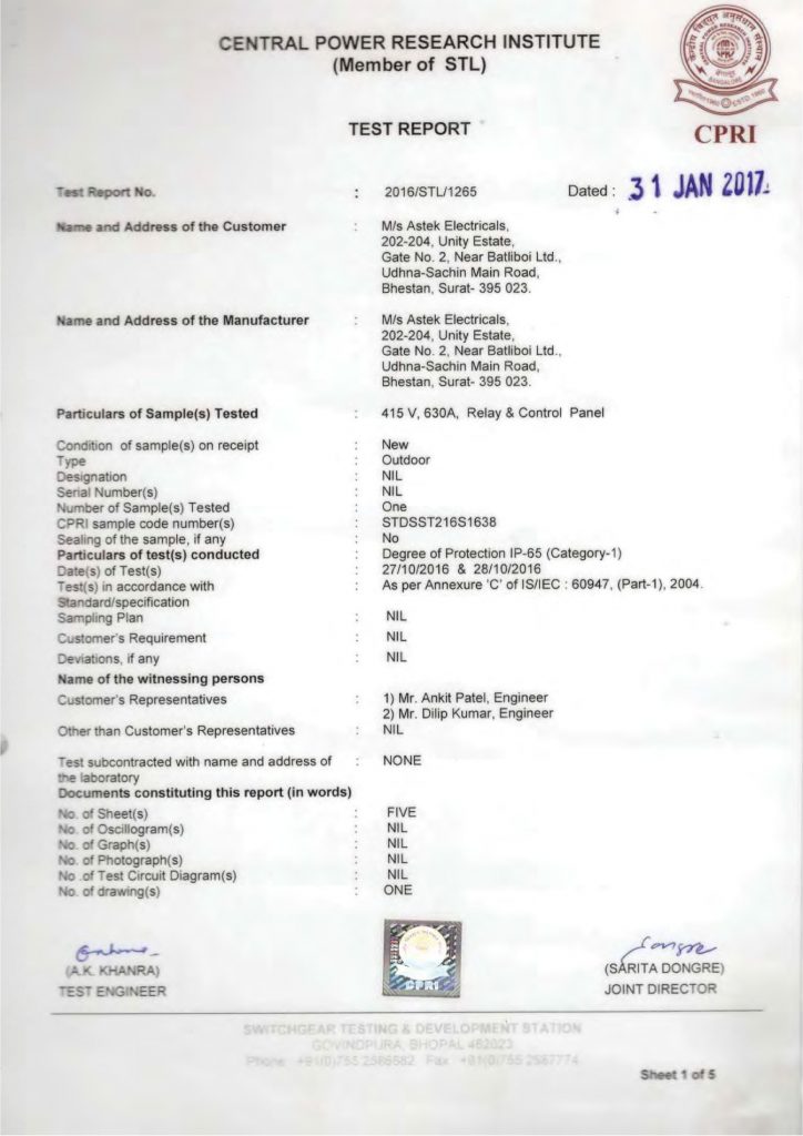 Certification – ASTEK ELECTRICALS INDIA PVT. LTD